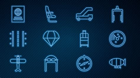 세트 라인 비행선 모니터에 대상이있는 레이더 비행기 탑승을위한 승객 사다리 낙하산 공항 활주로 여권 여행 가방 및 비행기 좌석 아이콘 벡터 가방에 대한 스톡 벡터 아트 및