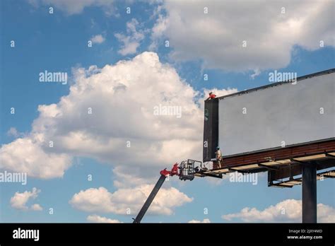 Workers Installing New Billboard Over Blank Empty Billboard USA Stock Photo Alamy