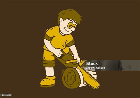 목수의 성격은 전기톱으로 나무를 톱질하는 것입니다 플랫 아트 복고풍 일러스트 가구에 대한 스톡 벡터 아트 및 기타 이미지