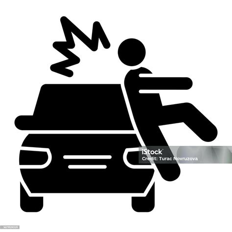 보행자 솔리드 아이콘과 충돌합니다 차량은 흰색 배경에 스매시 기호 글리프 스타일의 픽토그램으로 남자를 쓰러뜨립니다 모바일 웹