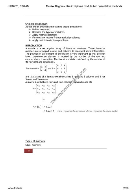 SOLUTION: Matrix alegbra use in diploma module two quantitative methods ...