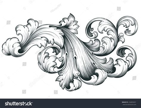 Vintage Baroque Engraving Floral Scroll Filigree Stock Illustration