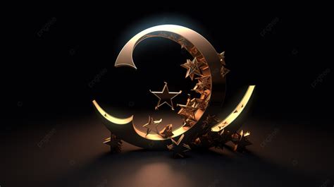 검은 배경에 별이 있는 3d 황금 초승달 라마단 카림 텍스트와 이슬람의 3d 렌더링 초승달 상징 고화질 사진 사진 배경