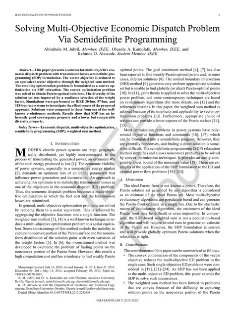 Pdf Solving Multi Objective Economic Dispatch Problem Via