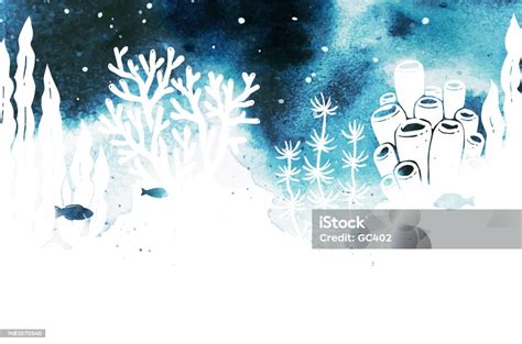 물고기 불가사리 해초의 수채화 벡터 실루엣 바다 풍경은 손으로 그린 그림입니다 해양 수중 생물 수족관 수족관 수중 식물과 물고기 0명에 대한 스톡 벡터 아트 및 기타 이미지