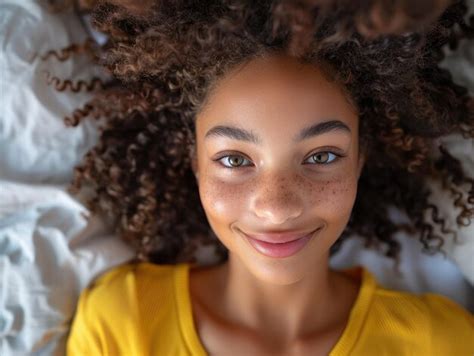 A Curly Haired Girl Lying In Bed Looking At The Camera Premium Ai