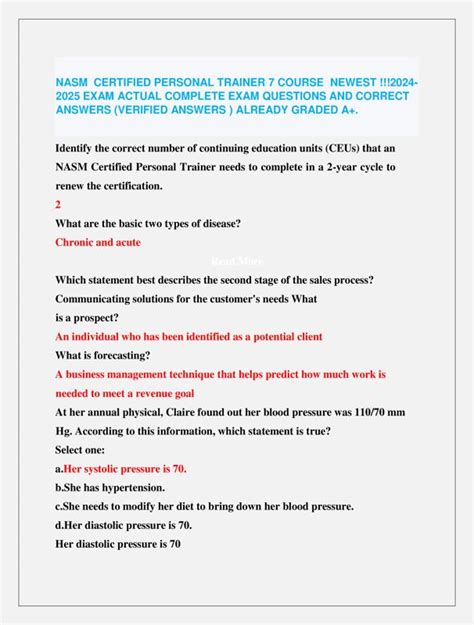 Nasm Certified Personal Trainer 7 Course Newest 2024 2025 Exam Actual Complete Exam