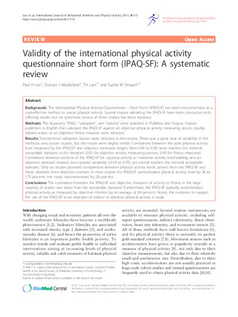 Pdf R Validity Of The International Physical Activity Questionnaire Short Form Ipaq Sf A