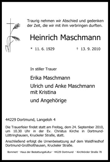 Traueranzeigen Von Heinrich Maschmann Trauer In Nrw De