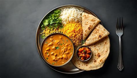 Traditional Indian Thali With Dal Rice Chapati Pickle And Salad For