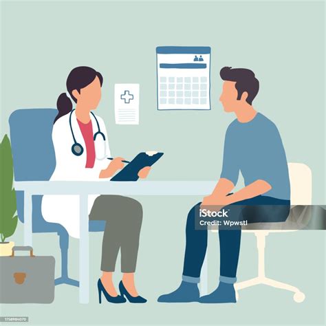 클립보드를 든 여성 의사가 남성 환자에게 말을 걸고 있다 환자에 대한 스톡 벡터 아트 및 기타 이미지 환자 의사 건강 진단 Istock