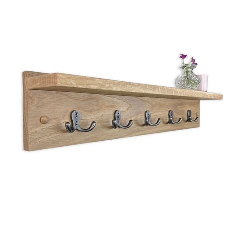 Oak Coat Rack With Integrated Shelf 5 Cast Iron Numbered Hooks Old