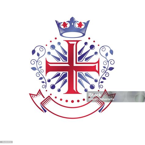 기독교 종교 상징의 교차 팔의 문장 학 외 투 장식 기호 고립 벡터 일러스트 레이 션 꽃 장식 및 럭셔리 로얄 크라운으로 구성 되어 있습니다 고딕 양식에 대한 스톡 벡터