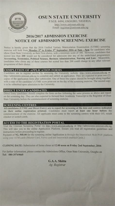 2016 Uniosun Admission Screening Excercise Dead Line 2nd September 2016check Out For More