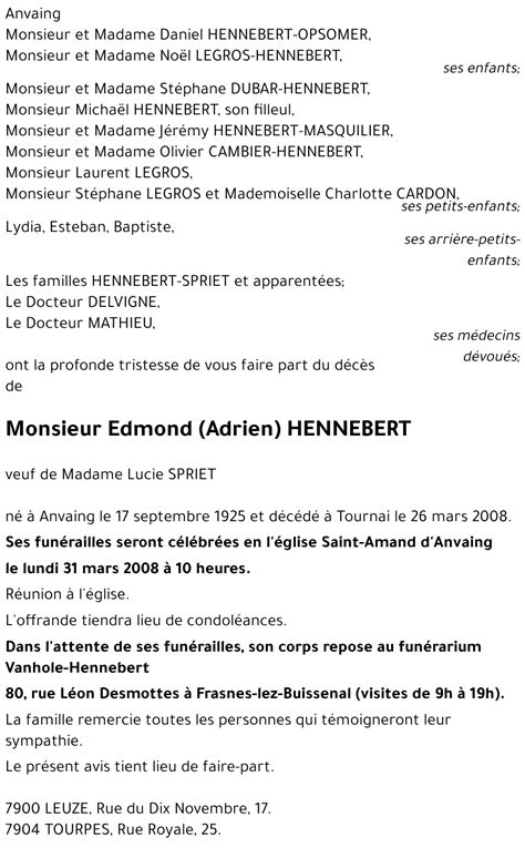 Avis De Décès De Edmond Adrien Hennebert Décédé Le 26032008 à
