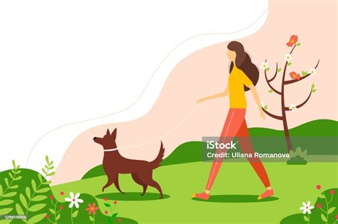 봄에 공원에서 개와 함께 걷는 여자 활동적인 라이프 스타일 야외 레크리에이션의 개념 플랫 스타일로 귀여운 벡터 일러스트 4월에