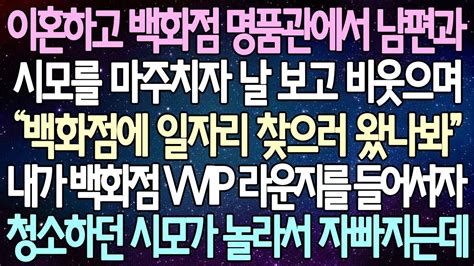 반전 사연 이혼하고 백화점 명품관에서 남편과 시모를 마주치자 날 보고 비웃는데 내가 백화점 Vvip 라운지를 들어서자 청소하던 시모가 놀라서 자빠지는데 사이다사연 라디오드라
