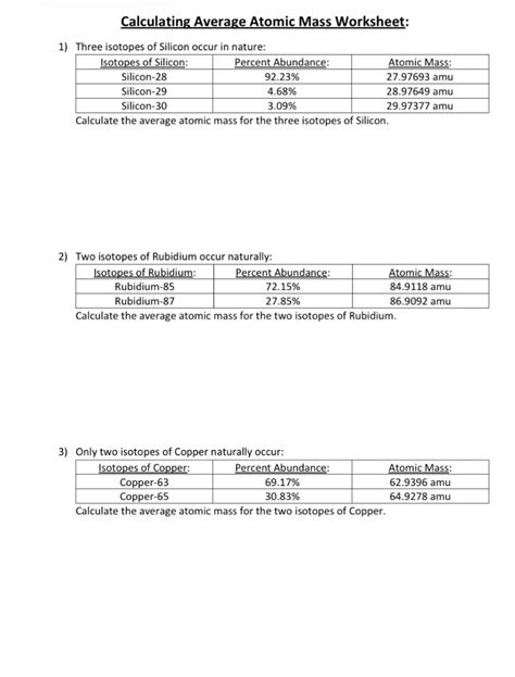Average Atomic Mass Worksheet Answers E