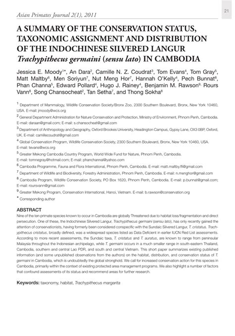 Pdf A Summary Of The Conservation Status Taxonomic Assignment And