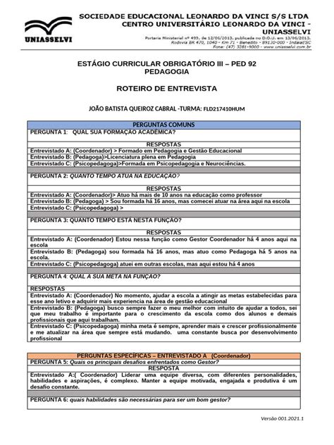 8roteirodeentrevista Estágioiiiped Pdf Pedagogia Psicologia Educacional