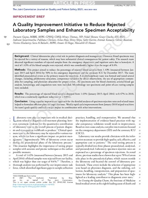 Pdf A Quality Improvement Initiative To Reduce Rejected Laboratory Samples And Enhance