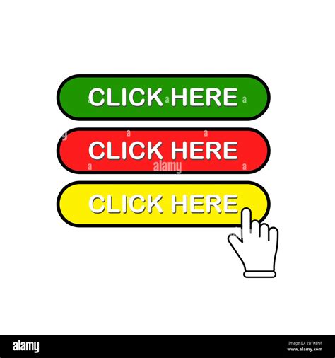 Click Here Button In Red Green And Yellow With Mouse Pointer Hand Clicks Or Hand Cursor Icon