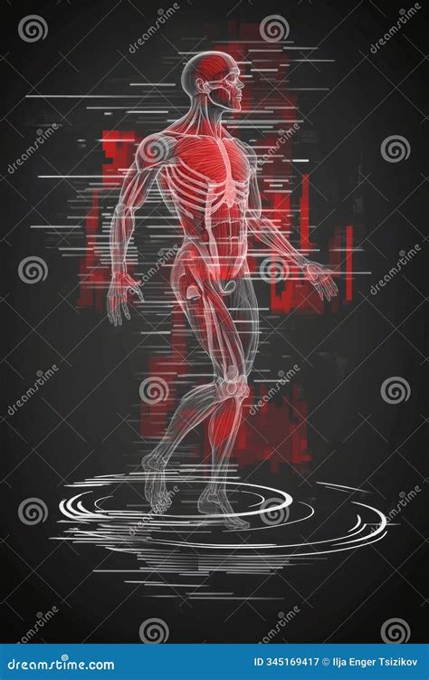 3d Rendering Of Human Muscular System With Electromyography Emg Signal Patterns On Dark