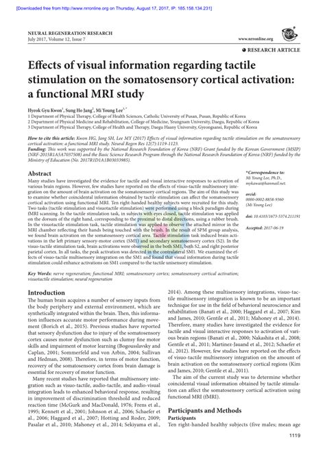 Pdf Effects Of Visual Information Regarding Tactile Stimulation On The Somatosensory Cortical