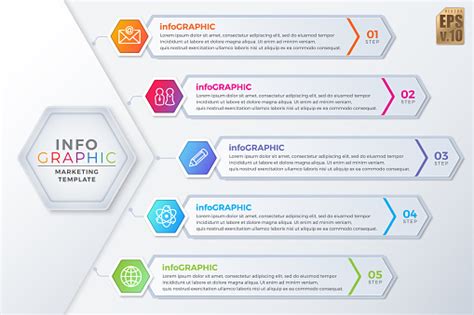 인포 그래픽 벡터 비즈니스 디자인 육각형 아이콘 다채로운 템플릿 5 가지 옵션 또는 단계 격리 된 최소 스타일 마케팅 프로세스 워크플로 프레젠테이션 레이아웃 순서도 인쇄