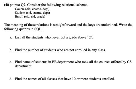 40 Points Q7 Consider The Following Relational
