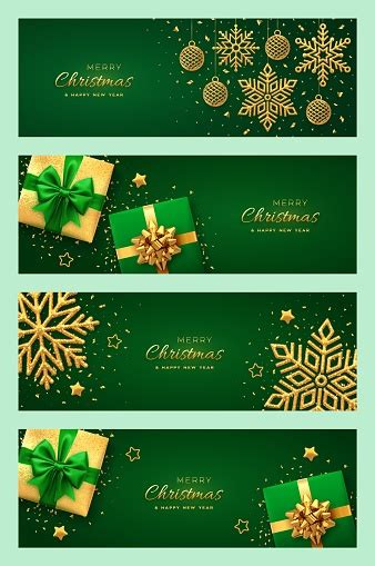 크리스마스 배너 세트입니다 새해 복 많이 받으세요 금 활 황금 눈송이 빛나는 금속 공과 별 소나무 또는 전나무 가지가 있는 선물 상자 녹색 헤더 배경 카드 포스터 벡터