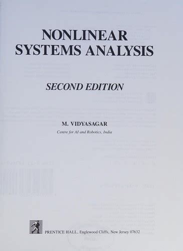 Nonlinear Systems Analysis By M Vidyasagar Open Library
