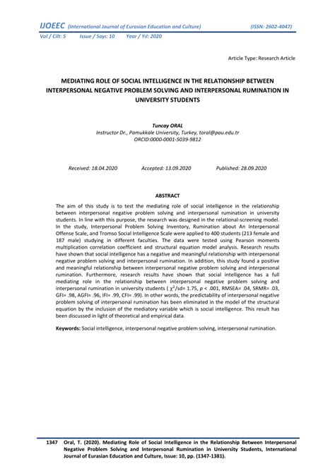 Pdf Mediating Role Of Social Intelligence In The Relationship Between