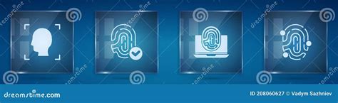 Set Face Recognition Fingerprint Laptop With Fingerprint And Square Glass Panels Stock