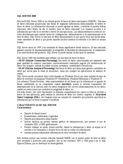 Caracteristicas De Sql Server Pdf Servidor Sql De Microsoft