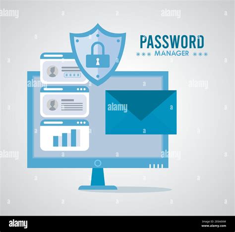 Password Manager Theme With Padlock In Shield And Desktop Vector