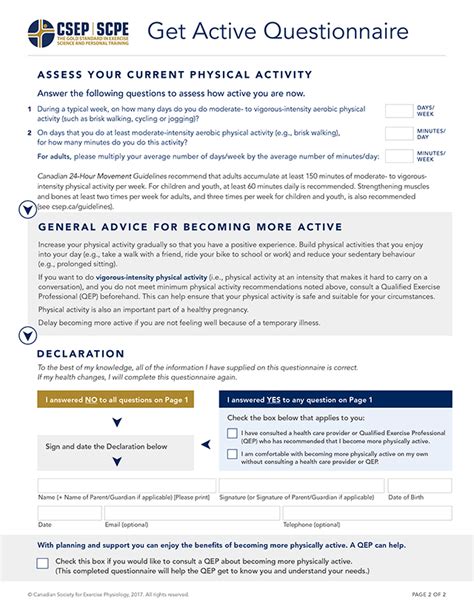 Get Active Questionnaire Canadian Society For Exercise Physiology Csep