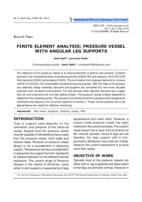 Pdf Finite Element Analysis Pressure Vessel With Angular Leg Supports