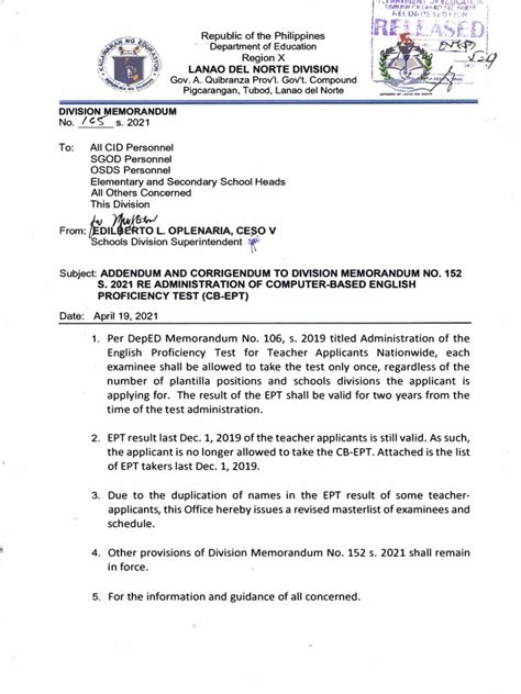 Addendum And Currigendum To Div Memo No 152 S 2021 Re Administration Of