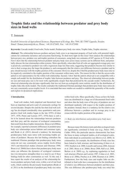 Pdf Trophic Links And The Relationship Between Predator And Prey Body Sizes In Food Webs