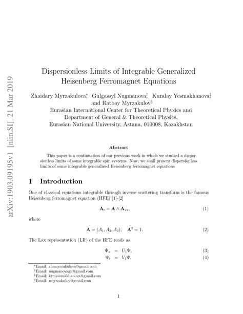 Pdf Dispersionless Limits Of Integrable Generalized Heisenberg Ferromagnet Equations