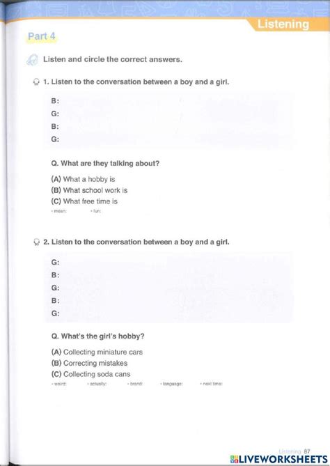 Toefl primary 1 book 3 unit 4 listening worksheet | Live Worksheets