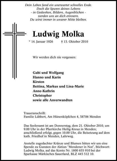 Traueranzeigen Von Ludwig Molka Trauer In Nrw De