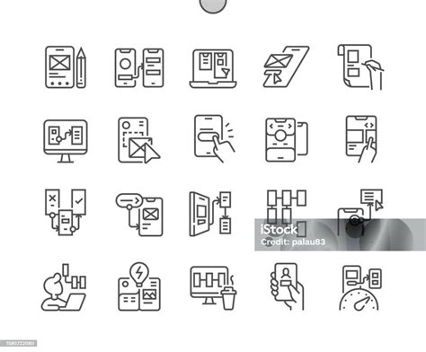 모바일 앱 프로토타이핑 메뉴 모음 워프레임 생성 사용자 흐름 Ux 디자이너 픽셀 퍼펙트 벡터 가는 선 아이콘 간단한 최소 픽토그램 접근성에 대한 스톡 벡터 아트 및 기타