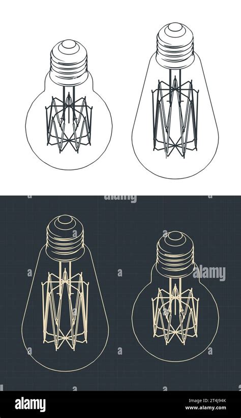 Stylized Vector Illustrations Of Isometric Blueprints Of Led Lamps With Visible Carbon Filament