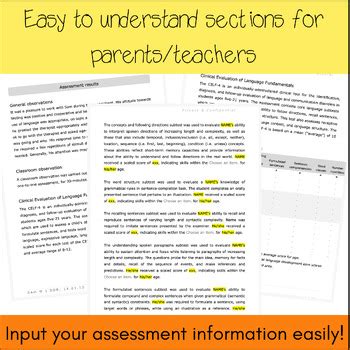 CELF 4 Assessment Report Template Evaluation Speech Language Therapy SLT