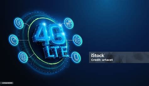 선화 아이콘이 있는 Lowpoly 4g Lte 통신 네트워크 4 세대 무선 모바일 네트워크 연결 기술 개념에 대한 추상적 인 기하학적 그림 파란색 배경에 와이어 프레임 메쉬