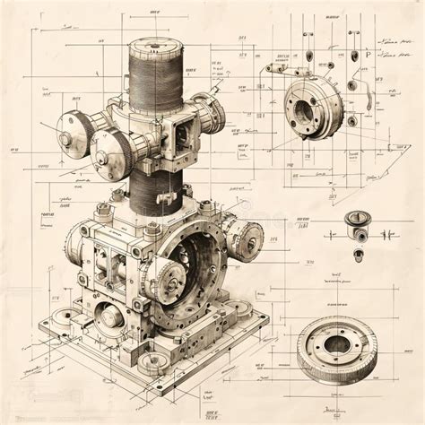 Engineering Schematic With Components Bolts Gears And Cylinders