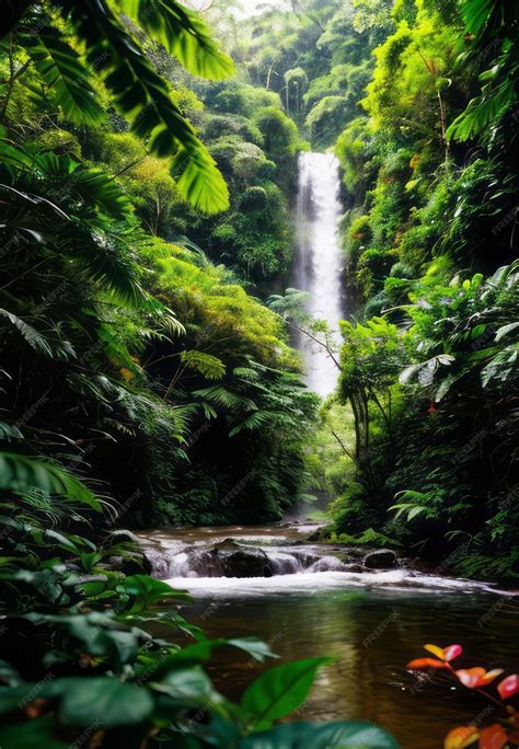The Vibrant Green Canopy Of A Dense Tropical Rainforest With Waterfall