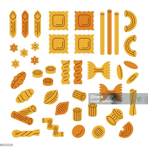 파스타 아이콘 플랫 세트입니다 국수 마카로니 라비올리 파르팔레 스파게티 푸실리를 곁들인 이탈리아 파스타 그림 벡터 그림입니다 파스타에 대한 스톡 벡터 아트 및 기타 이미지